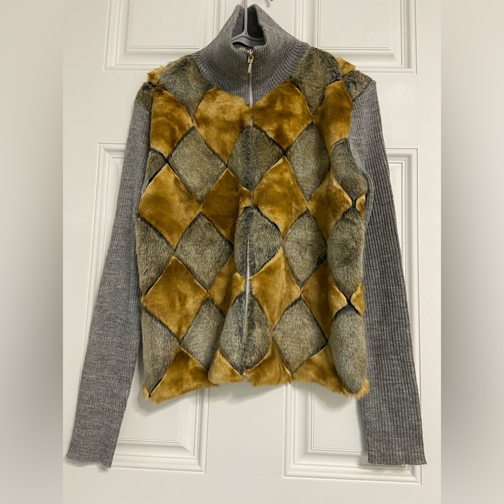 Faux Fur Diamond Checkered Turtleneck Jacket - Gem